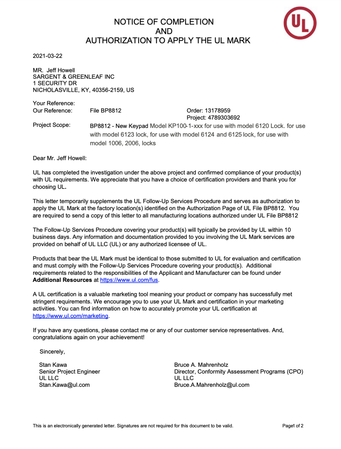 UL Certification - S&G