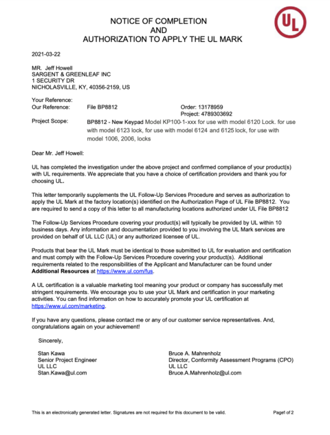 UL Certification - S&G